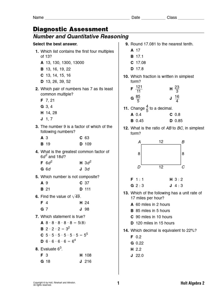 Algebra II Diagnostic Test | PDF | Triangle | Area