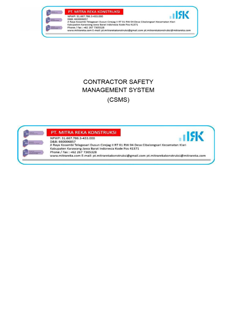 Contractor Safety Management System (CSMS) Pt. Mitra Reka Kontruksi (Ok) Print | PDF