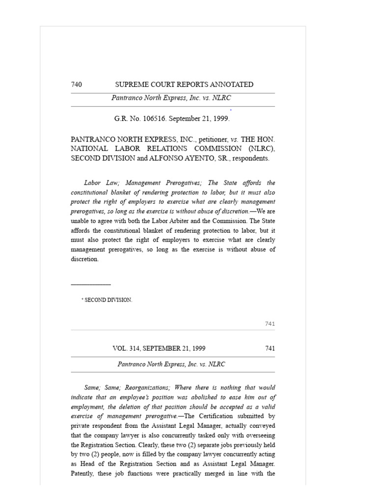 "Pantranco vs. NLRC: Management Rights Case" | PDF | Employment | Salary