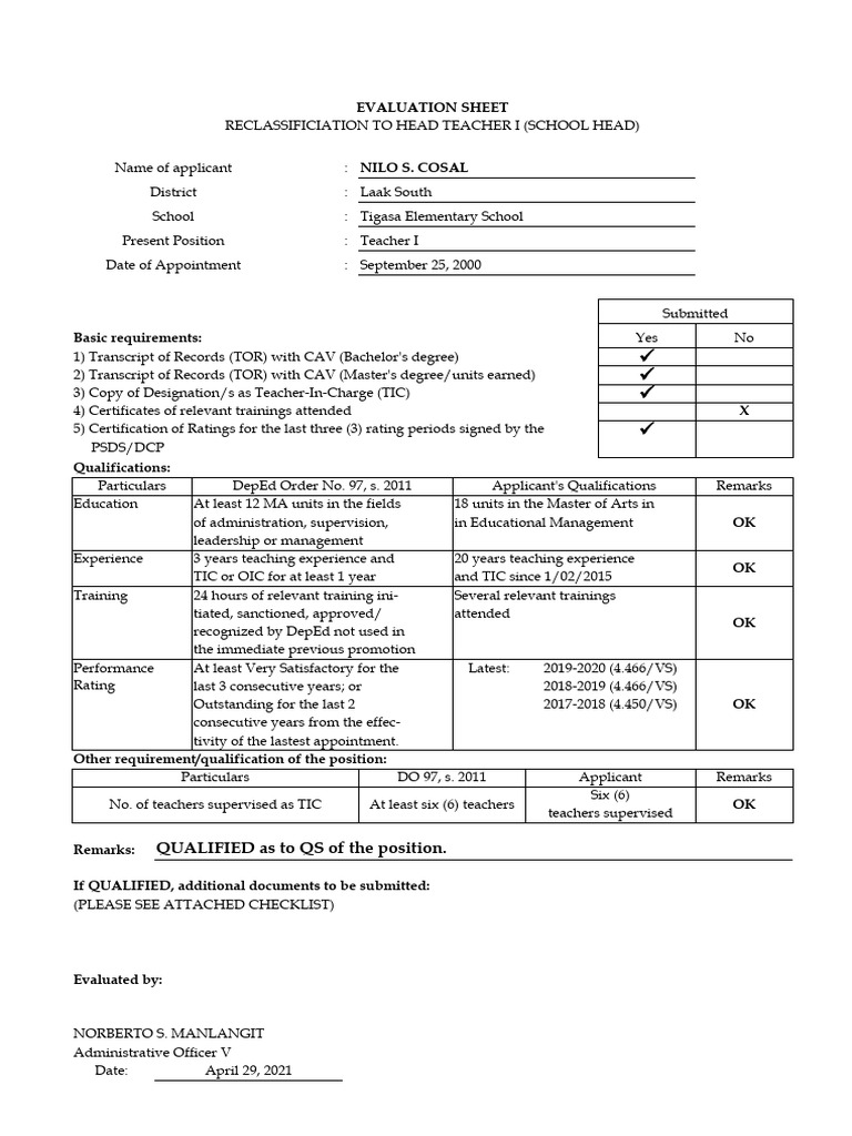 Evaluation Sheet For HT I SH New | PDF