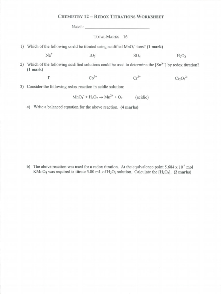 Redox Titrations Worksheet | PDF