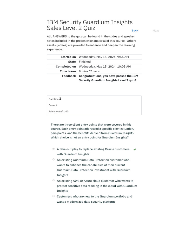 IBM Security Guardium Insights Sales Level 2 Quiz - Attempt Review ... IBM Security Guardium Insights Sales Level 2 Quiz - Attempt Review ...