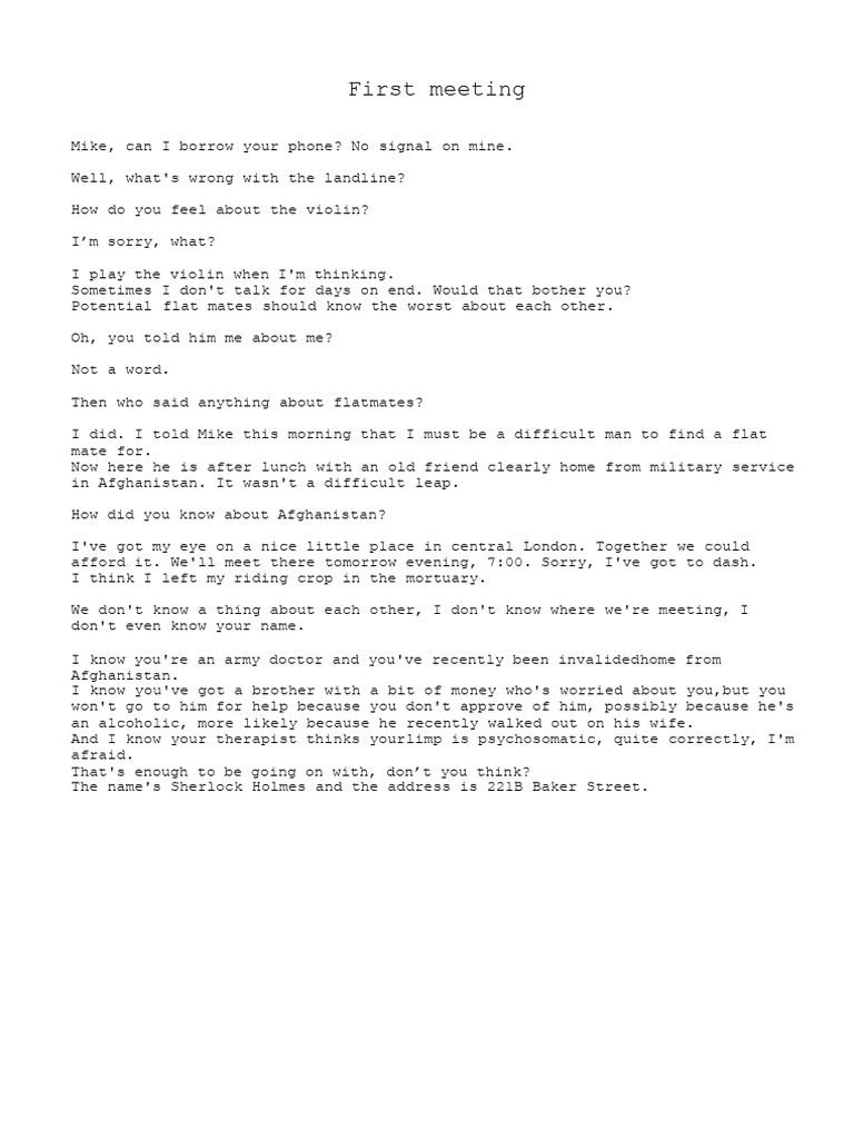 Sherlock & Watson's First Meeting | PDF | Mystery, Thriller & Crime Fiction | Poetry