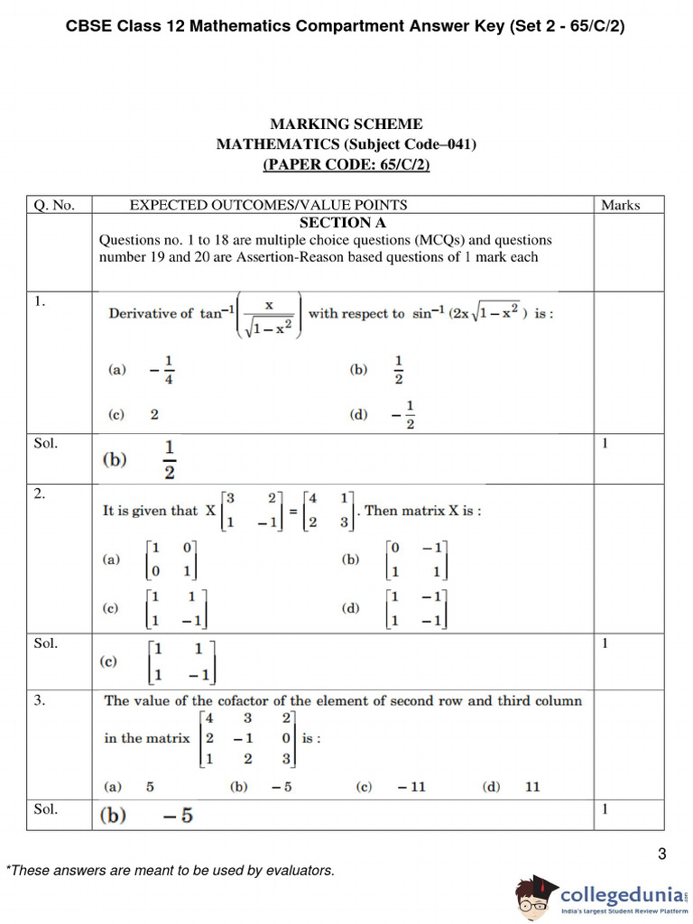 CBSE Class 12 Maths Answer Key 65/C/2 | PDF