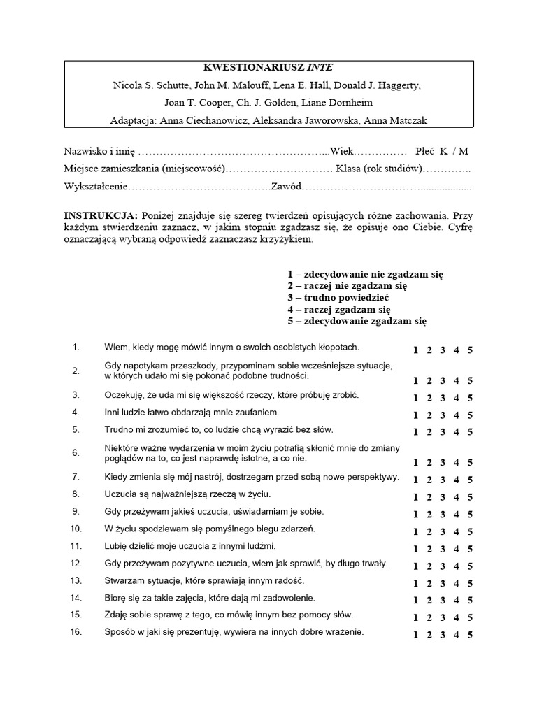 Kwestionariusz Inte Arkusz Dla Badanych | PDF