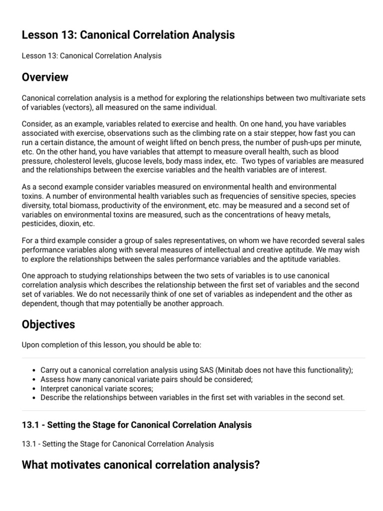 Lesson 13 - Canonical Correlation Analysis | PDF | Variance | Covariance
