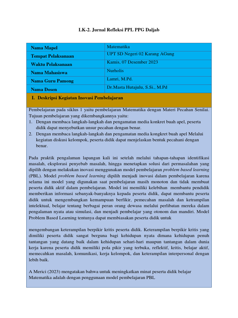 Contoh LK 2 PPL - Produk Bahan Refleksi | PDF