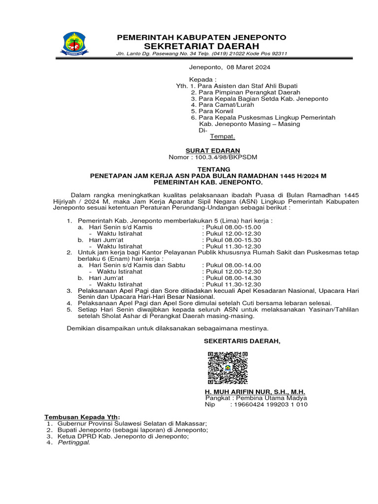 Revisi Surat Edaran Penetapan Jam Kerja ASN Pada Bulan Ramadhan 1445 H Lingkup Pemkab Jeneponto ...