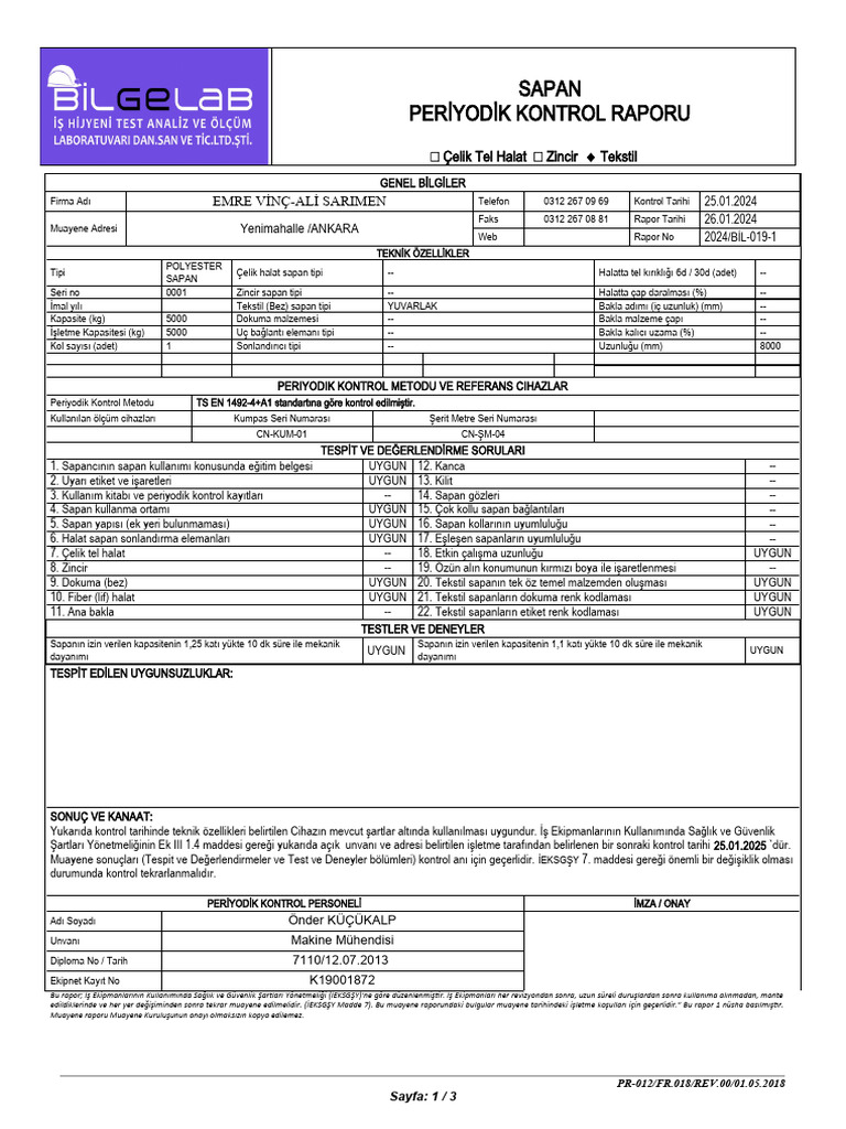 Bez Sapan Periyodik Kontrol Raporu-1 Emre Vinç | PDF