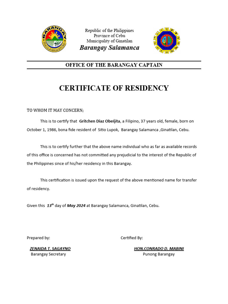 Certificate of Residency for Gritchen Diaz | PDF