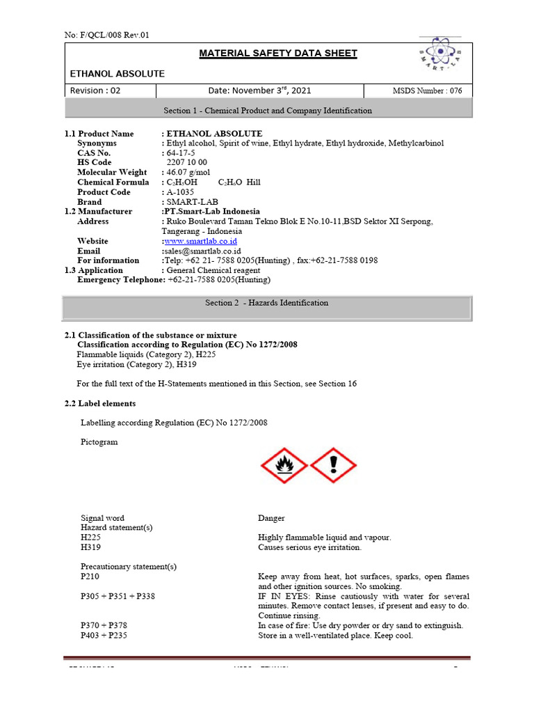 MSDS_ETHANOL_ABSOLUT | PDF | Ethanol | Waste