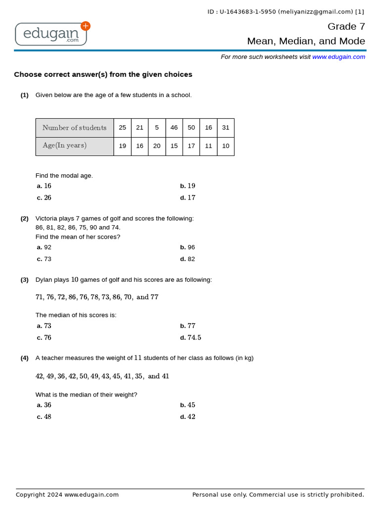 Mean Median Mode Grade 7 | PDF