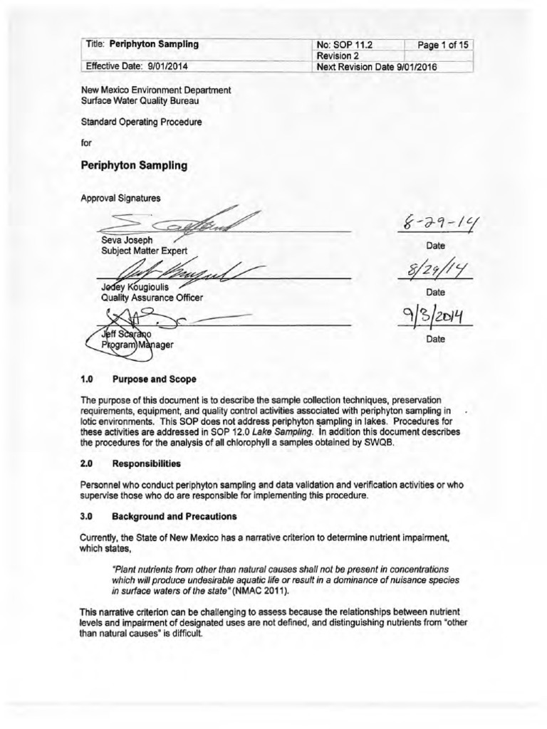 Periphyton Sampling SOP for Streams | PDF | Area | Water Quality