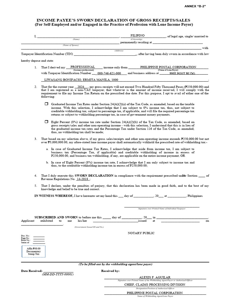 SWORN BIR Annex B-2 RR 11-2018 | Download Free PDF | Income Tax | Taxes
