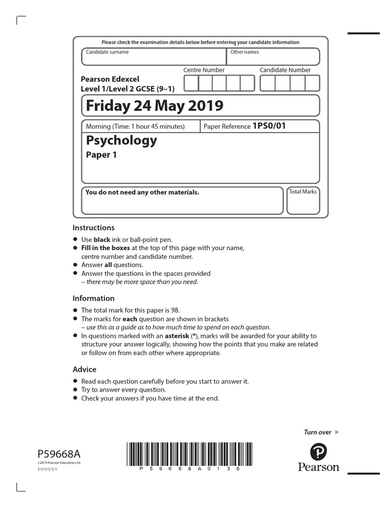 1ps0 May 2019 Paper 1 QP Edexcel Gcse Psychology | PDF | Cognitive ...