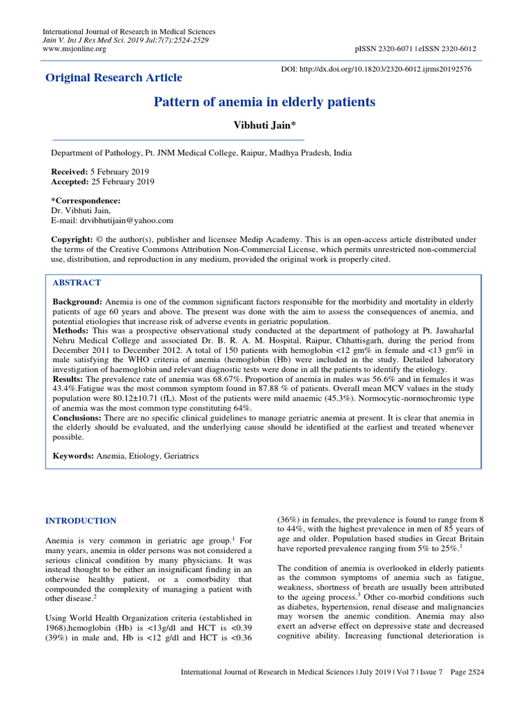 Pattern of Anemia in Elderly Patients | PDF | Anemia | Hematology