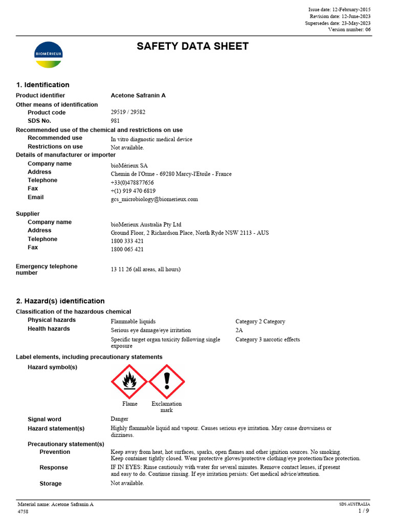 Acetone Safranin A Safety Data Sheet | PDF | Dangerous Goods | Waste