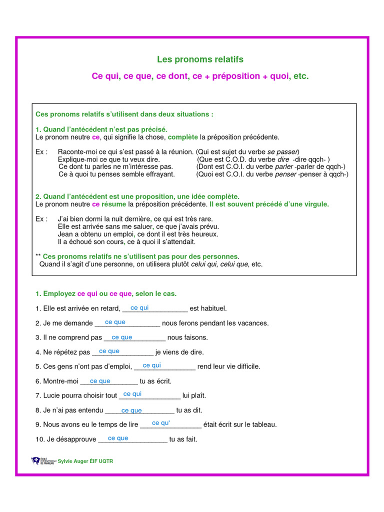 Les Pronoms Relatifs Ce Qui, Ce Que, Gabriel | PDF | Pronom ...