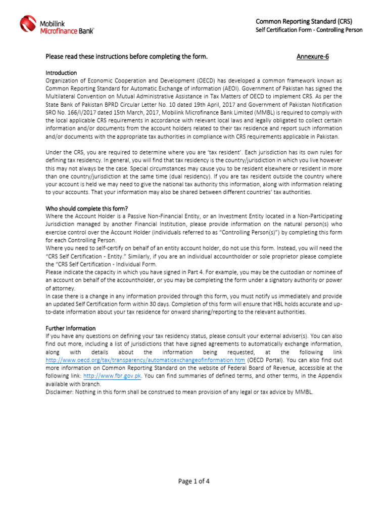 CRS Self Certification Form for Controlling Persons | PDF | Private Law | Justice