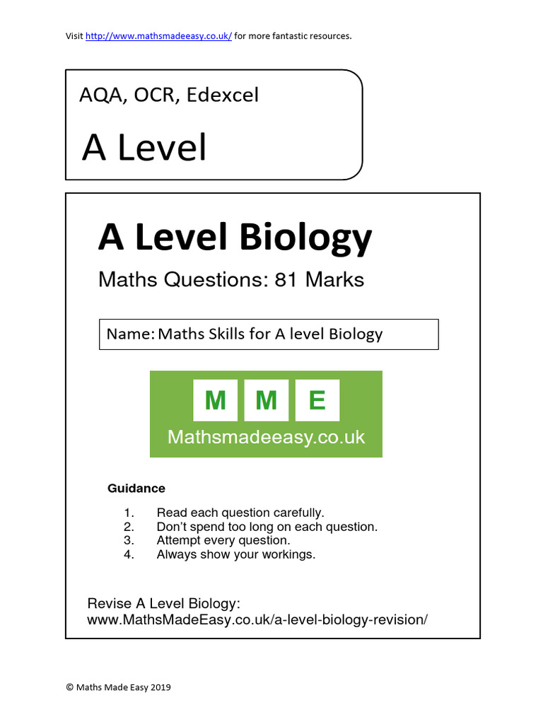 AQA Maths Skills For A Level Biology Exam Questions | PDF | Educational ...