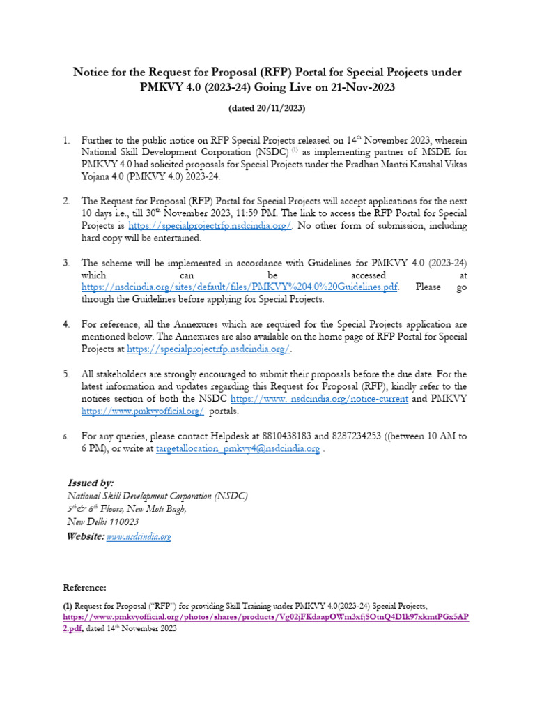 Public Notice For RFP Portal For Special Projects Under PMKVY4.0 (2023 ...