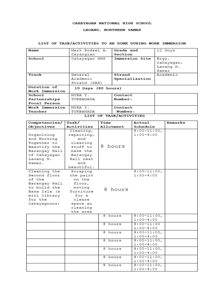 Work Immersion Tasks for Students | PDF