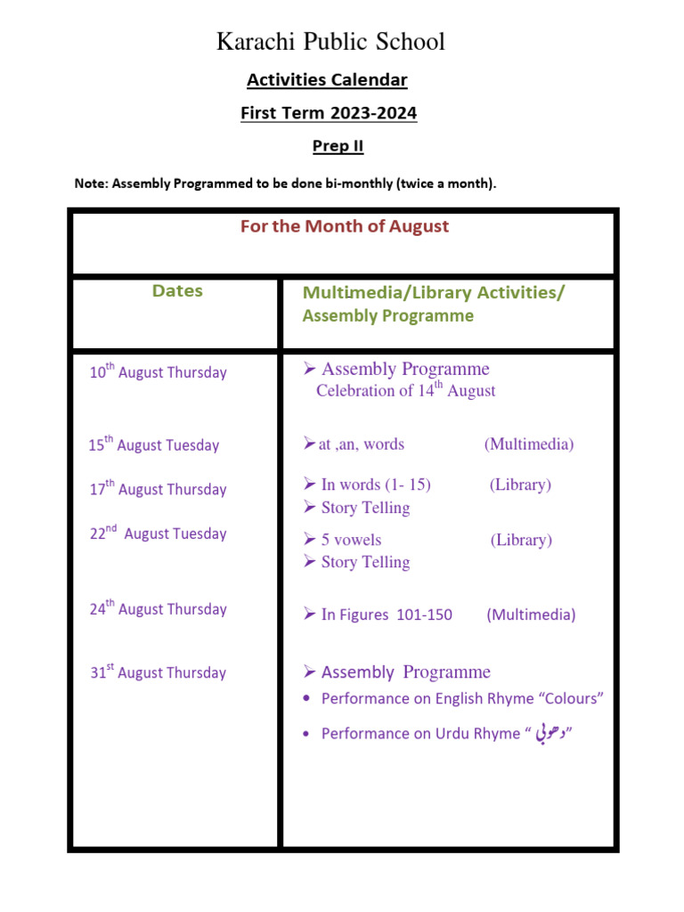 Karachi Public School Prep II Activities Calendar | PDF | Languages ...