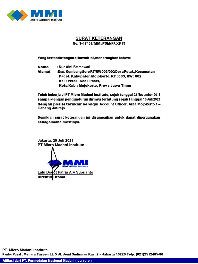 Paklaring PNM Nur Aini | PDF