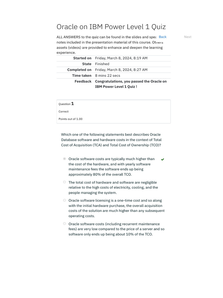 Oracle On IBM Power Level 1 Quiz - Attempt Review | PDF | Oracle Corporation | Oracle Database