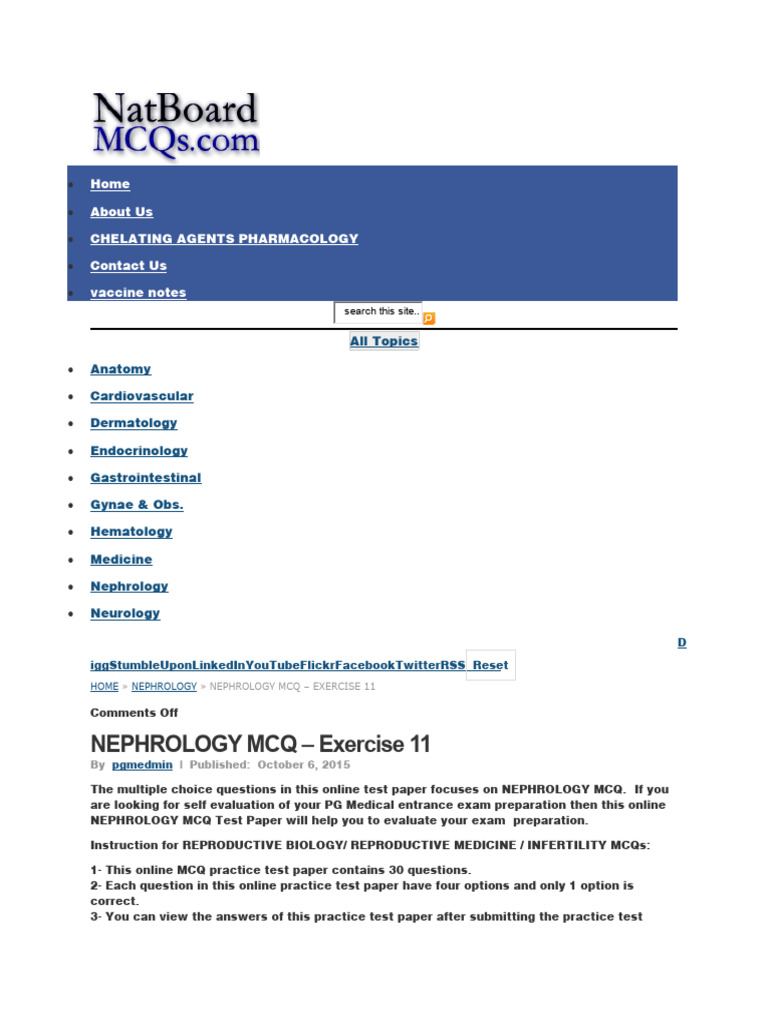 Nephrology MCQ Test for PG Exam Prep | PDF | Kidney Disease | Medicine