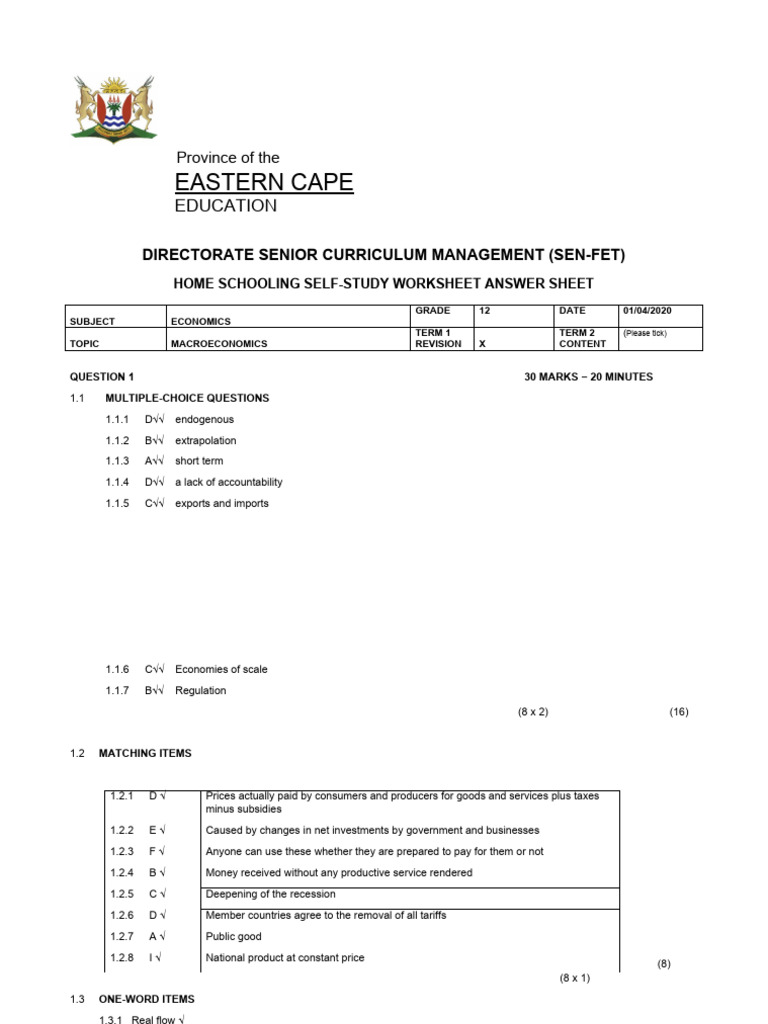 Economics Worksheet 4 Answer Sheet | PDF | Fiscal Multiplier ...