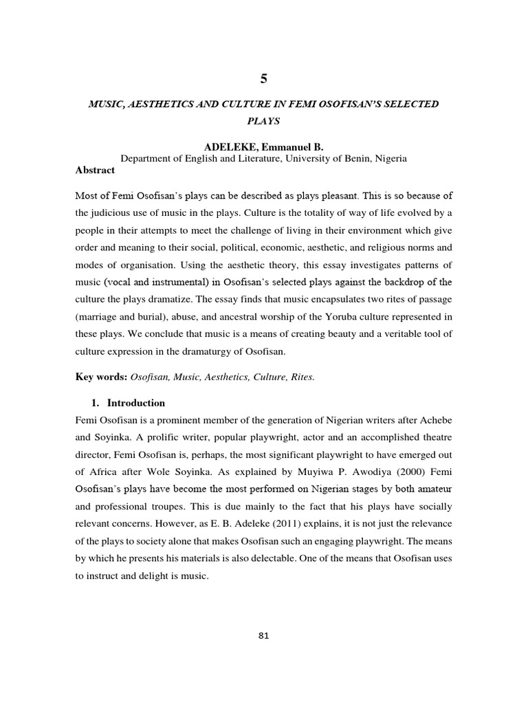 Music Aesthetics and Culture in Femi Osofisans Selected Plays - Adeleke - E - B | PDF ...