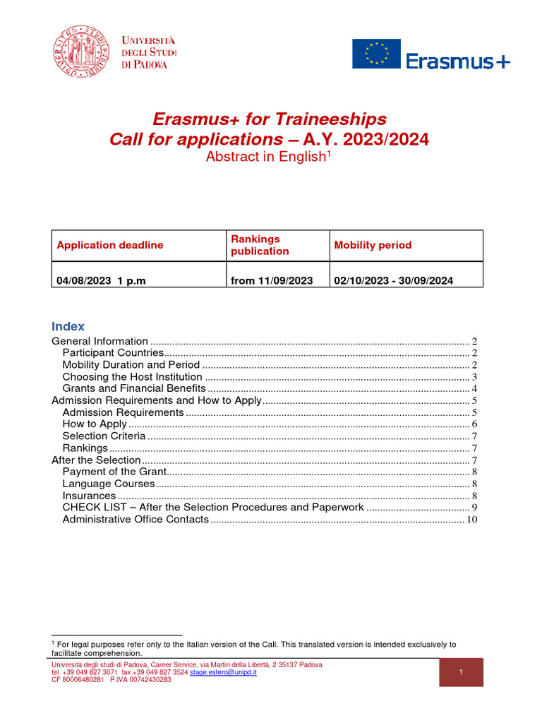 EN Call For Applications - ERASMUS+traineeships 2023.24 | PDF ...