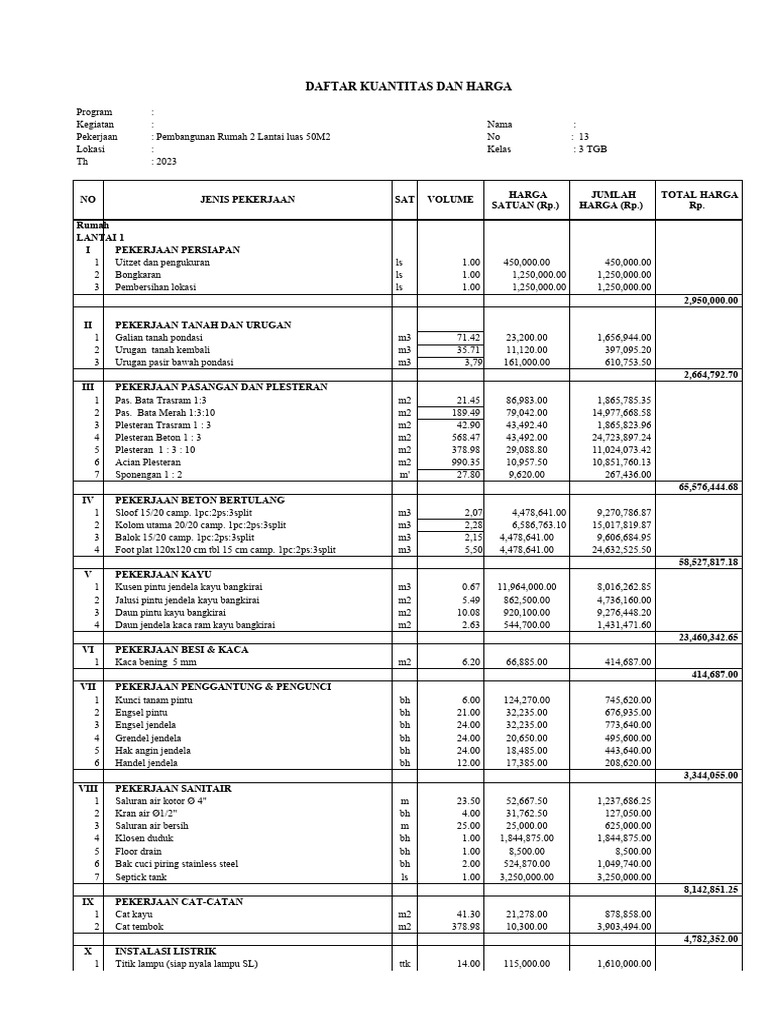 Contoh RAB Rumah Dua Lantai | PDF