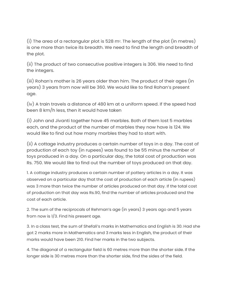 Quadratic Equation-Word | PDF | Speed | Length