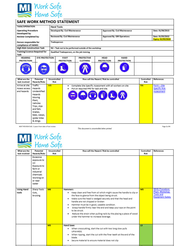 SWMS - Hand Tools | PDF | Hazards | Personal Protective Equipment