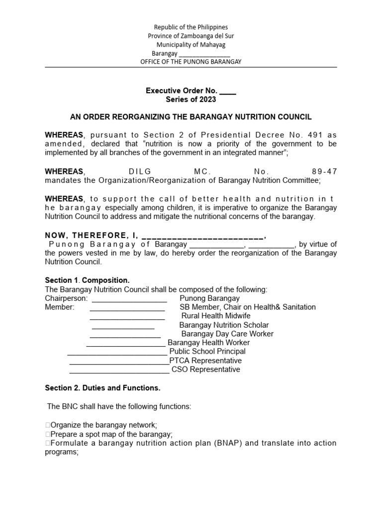 EXECUTIVE ORDER Barangay Nutrition Council | PDF | Government