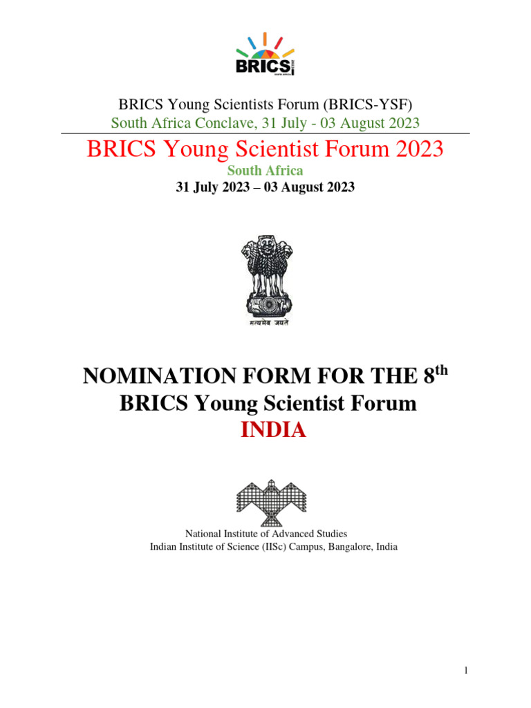 BRICS Young Scientists Forum 2023 Nomination | PDF | Science