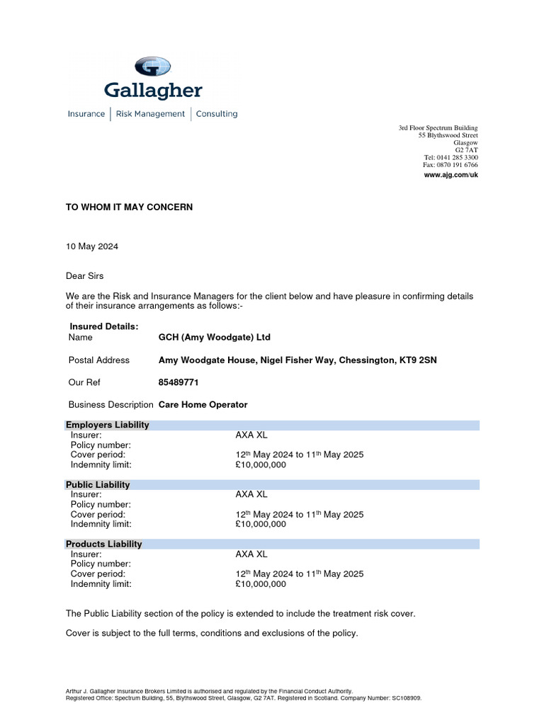 Insurance Confirmation for Care Home | PDF | Insurance | Liability ...