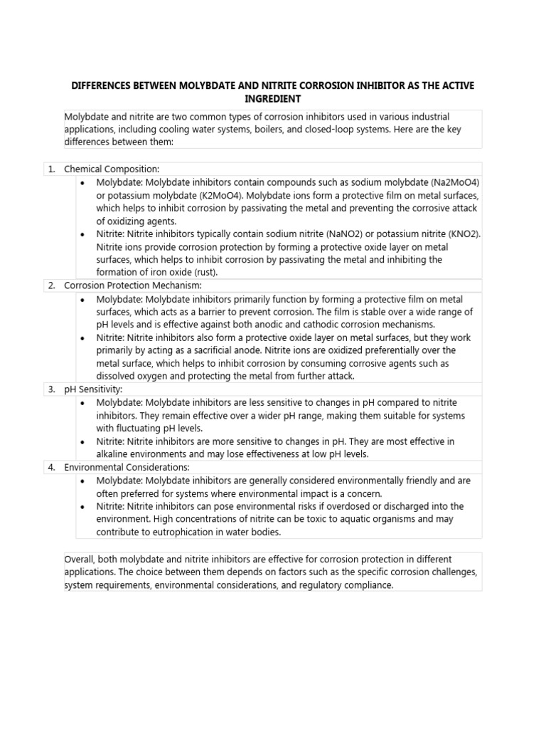 Molybdate vs. Nitrite Corrosion Inhibitors | PDF | Corrosion | Chemistry