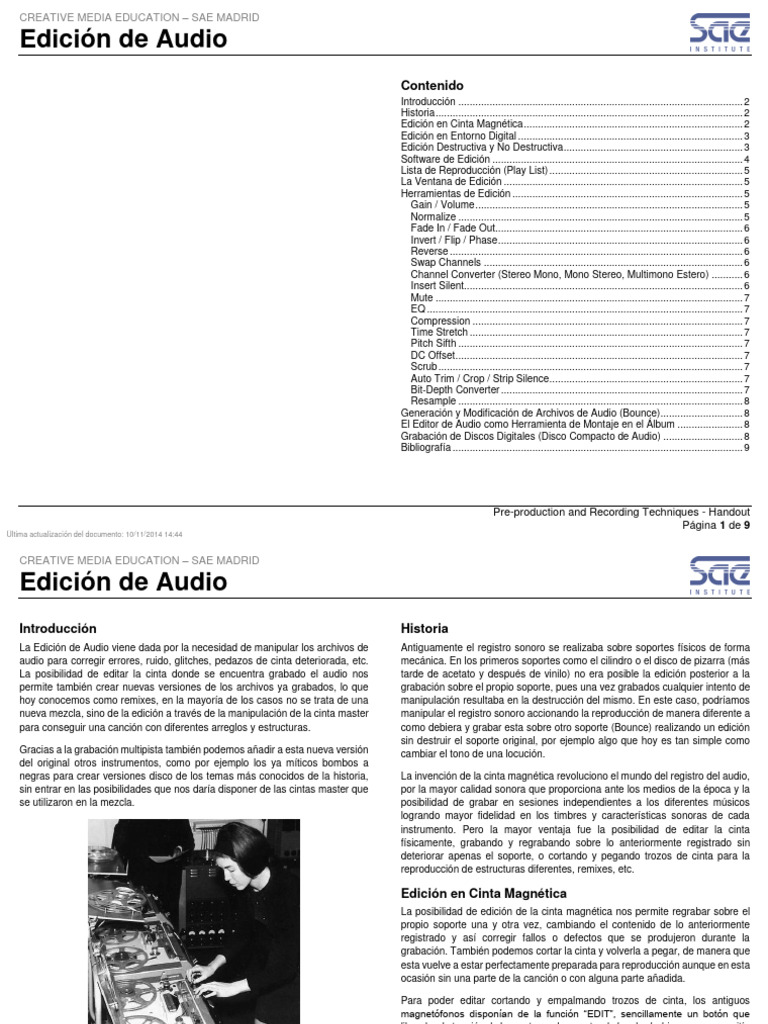 AP 401 2 Handout Edición de Audio | PDF | Tecnología de sonido | Tecnología de producción sonora