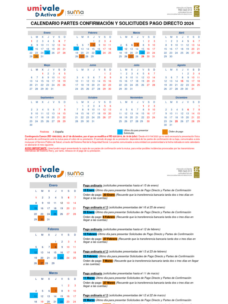 Calendario Partes Confirmación y Solicitudes Pago Directo 2024 V2 | PDF