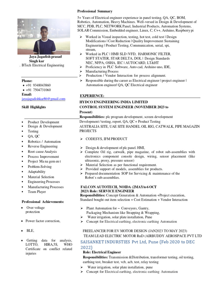 Jaya Jagadish Kar RESUME | Download Free PDF | Automation | Programmable Logic Controller