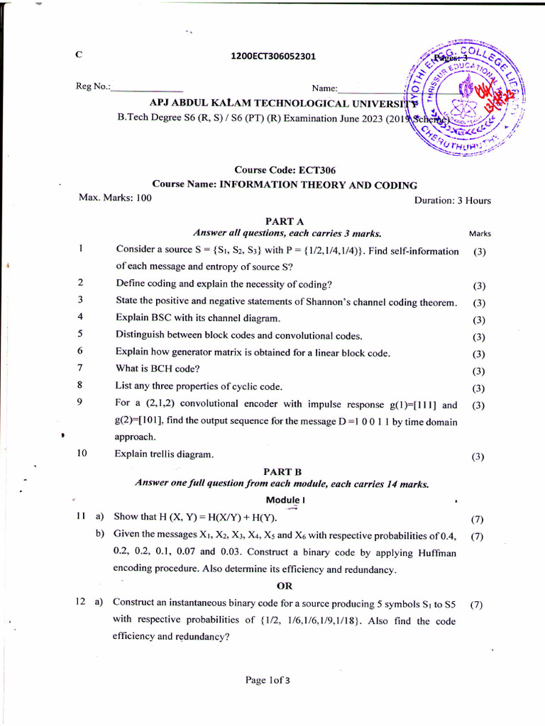ECT306: Information Theory Exam June 2023 | PDF | Matrix (Mathematics ...