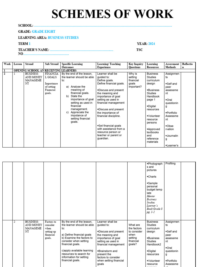 Grade 8 Business Studies Schemes of Work Term 1 Mentor Business Studies ...