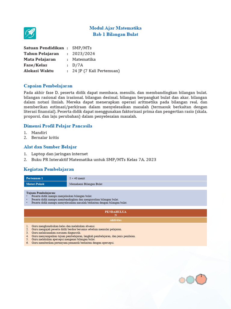 Modul Ajar Pr Matematika 7a 2023 2024 Bab 1 Pdf