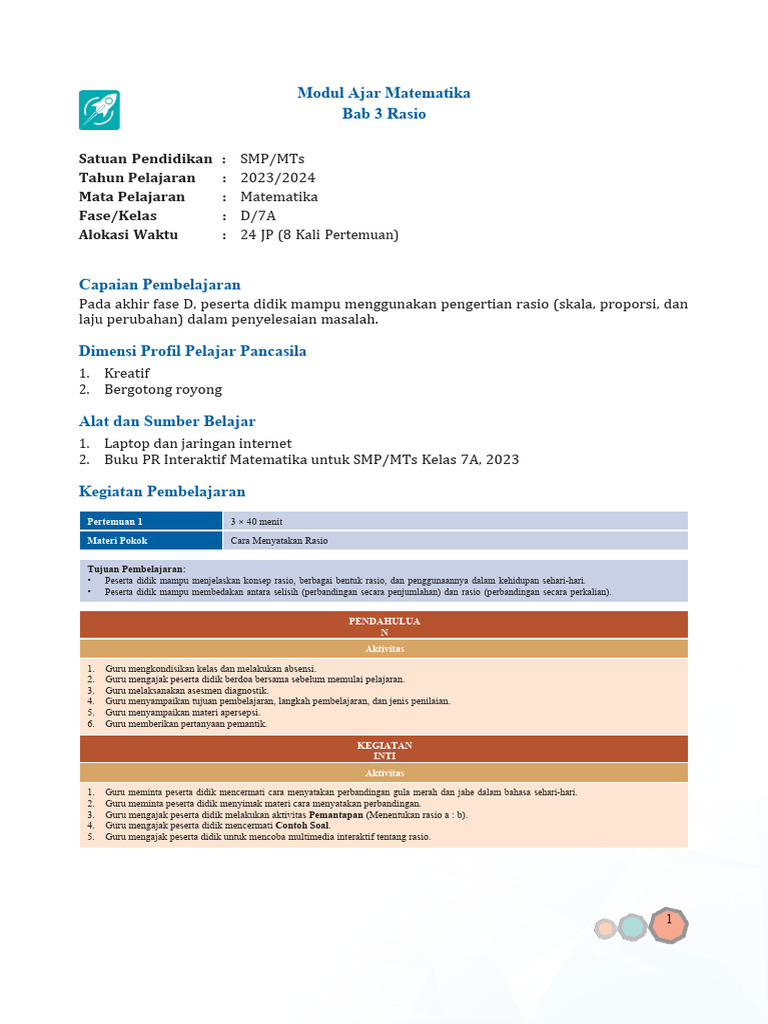 Modul Ajar PR Matematika 7A 2023-2024 Bab 3 | PDF