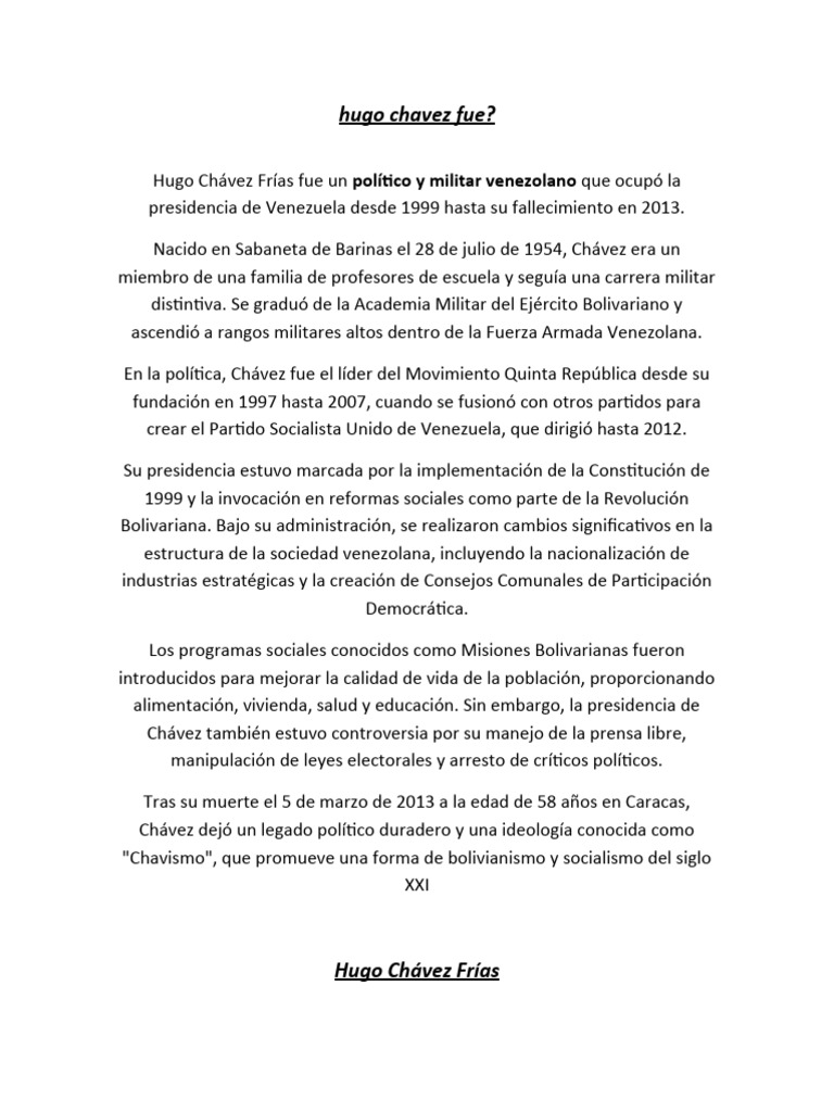 Biografía de Hugo Chávez Frías | PDF | Hugo Chavez | Venezuela