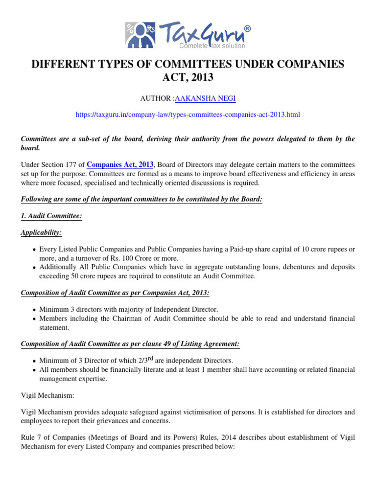 Different Types of Committees Under Companies Act, 2013 | PDF | Corporate Social Responsibility ...