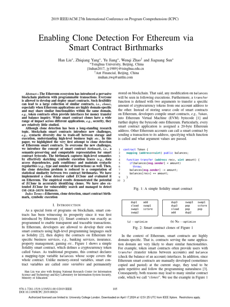 Enabling Clone Detection For Ethereum Via Smart Contract Birthmarks | PDF | Computing | Computer ...